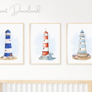 Set of 3 Nautical Lighthouse Prints, Nursery Nautical Theme, Baby Boy Nursery Decor, Baby Gifts ...