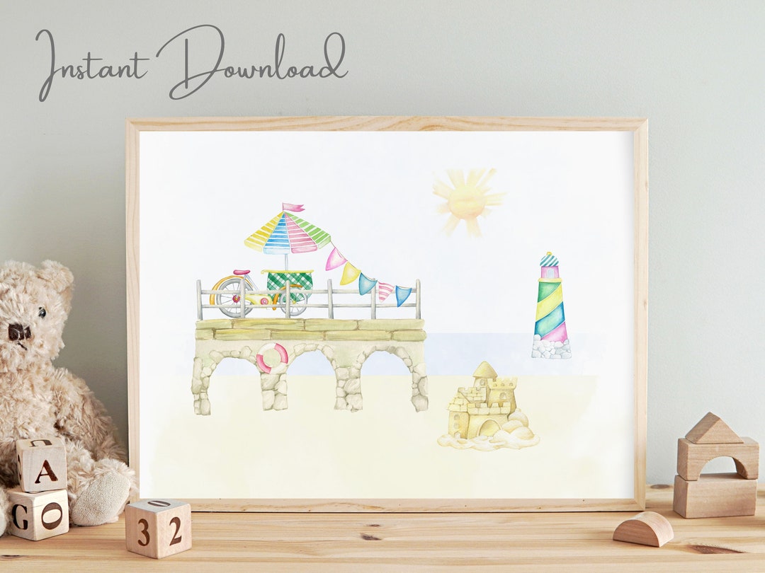 Nursery Beach Print, Kids Beach Print, New Baby Gifts, Beach Pavilion ...