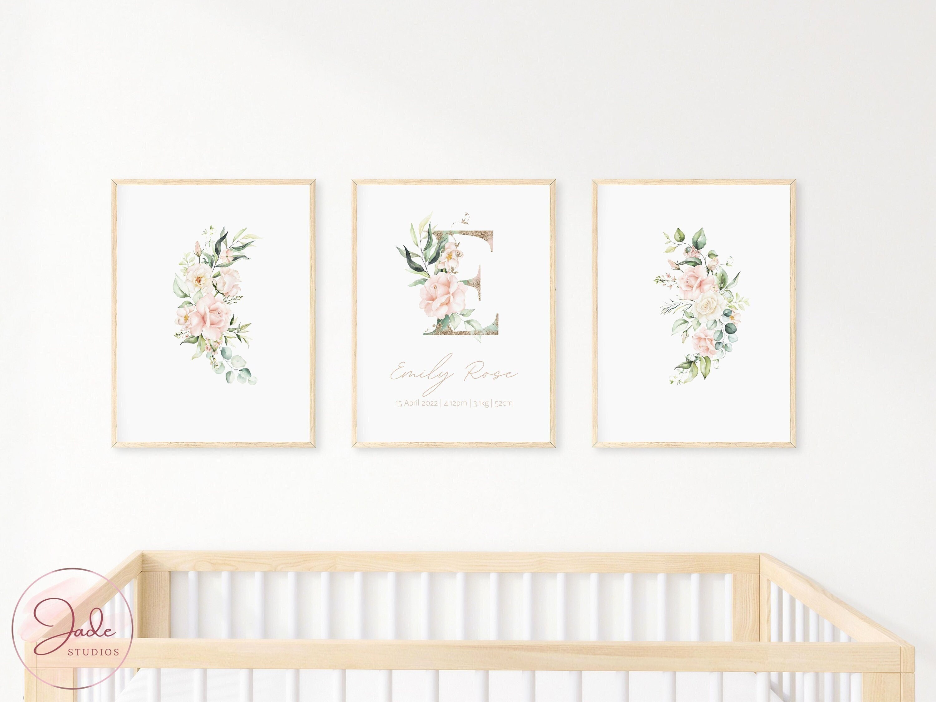 Set of 3 Floral Personalised Name Prints - Birth Poster, Custom Nursery ...