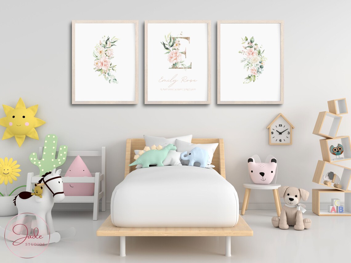 Set of 3 Floral Personalised Name Prints - Birth Poster, Custom Nursery ...
