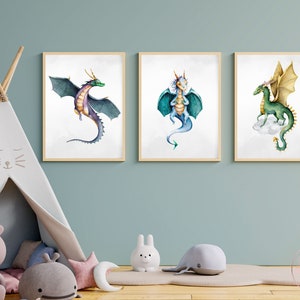 Set of 3 Kids Dragon Prints, Nursery Dragon Decor, Magical Prints, Boys ...