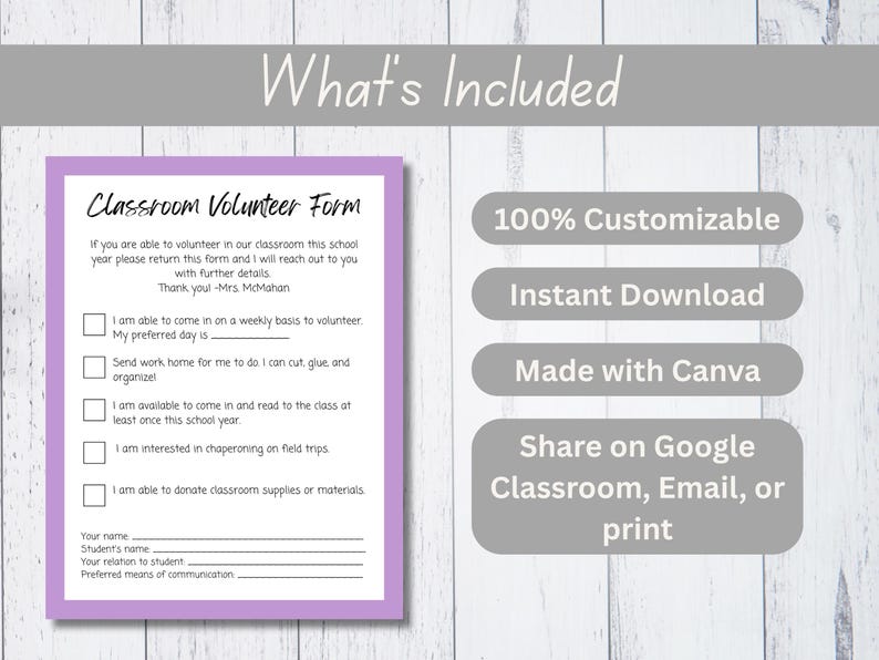 Classroom Volunteer Form - Etsy