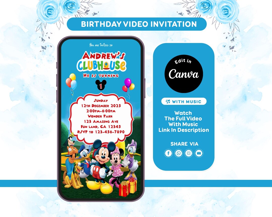 Editable Mickey Mouse 1st Birthday Video Invitation | Mickey Party ...