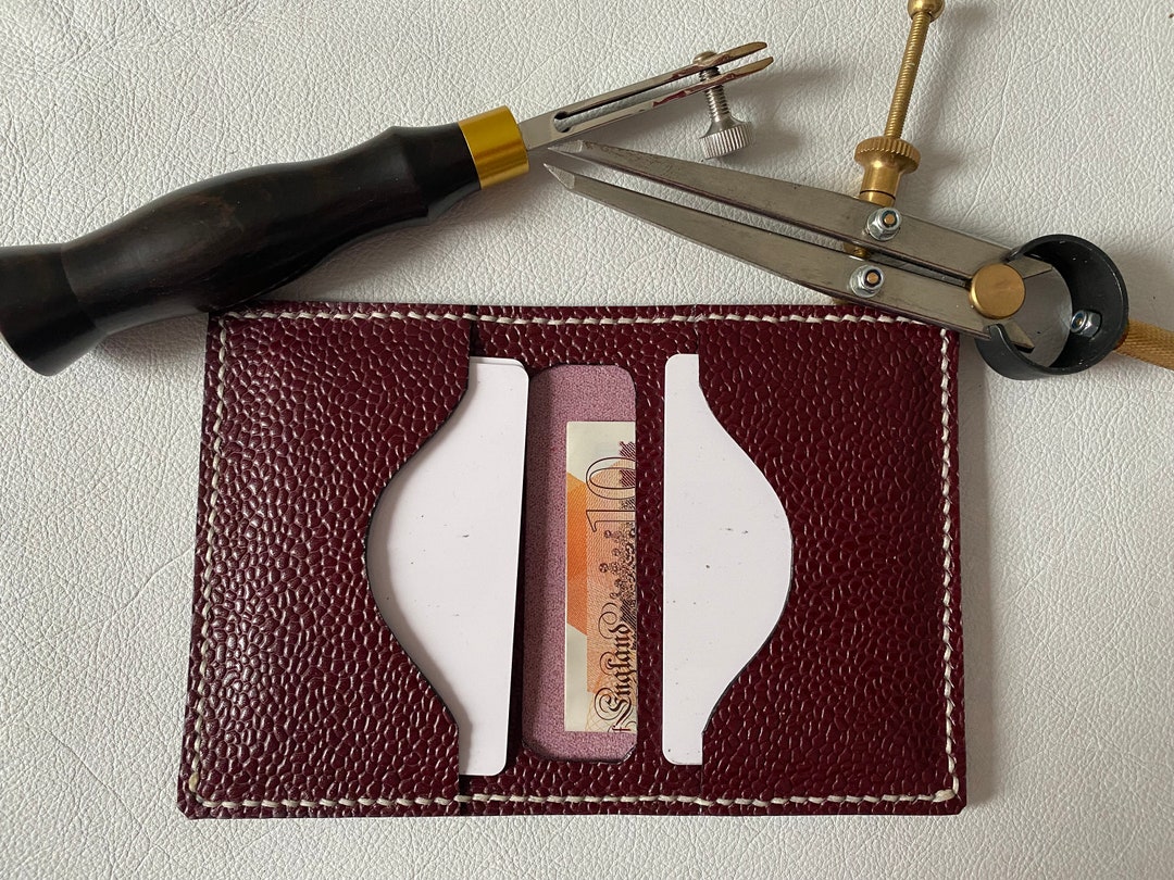 Hand-made Bifold Card Wallet, Burgundy Pebble-grain Real Leather, Two ...