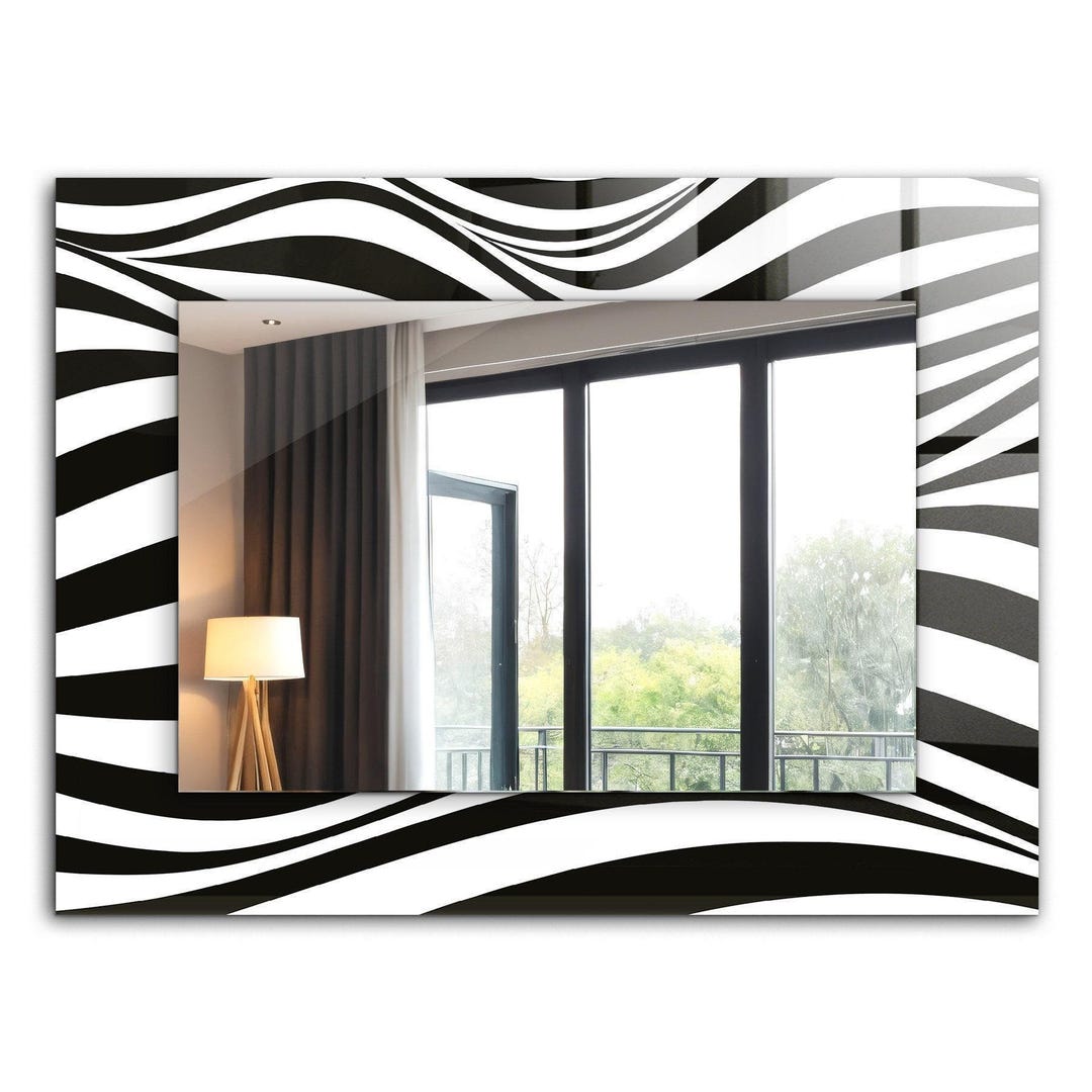 Black and White Waves, Mirror With Black Tempered Glass Framing ...