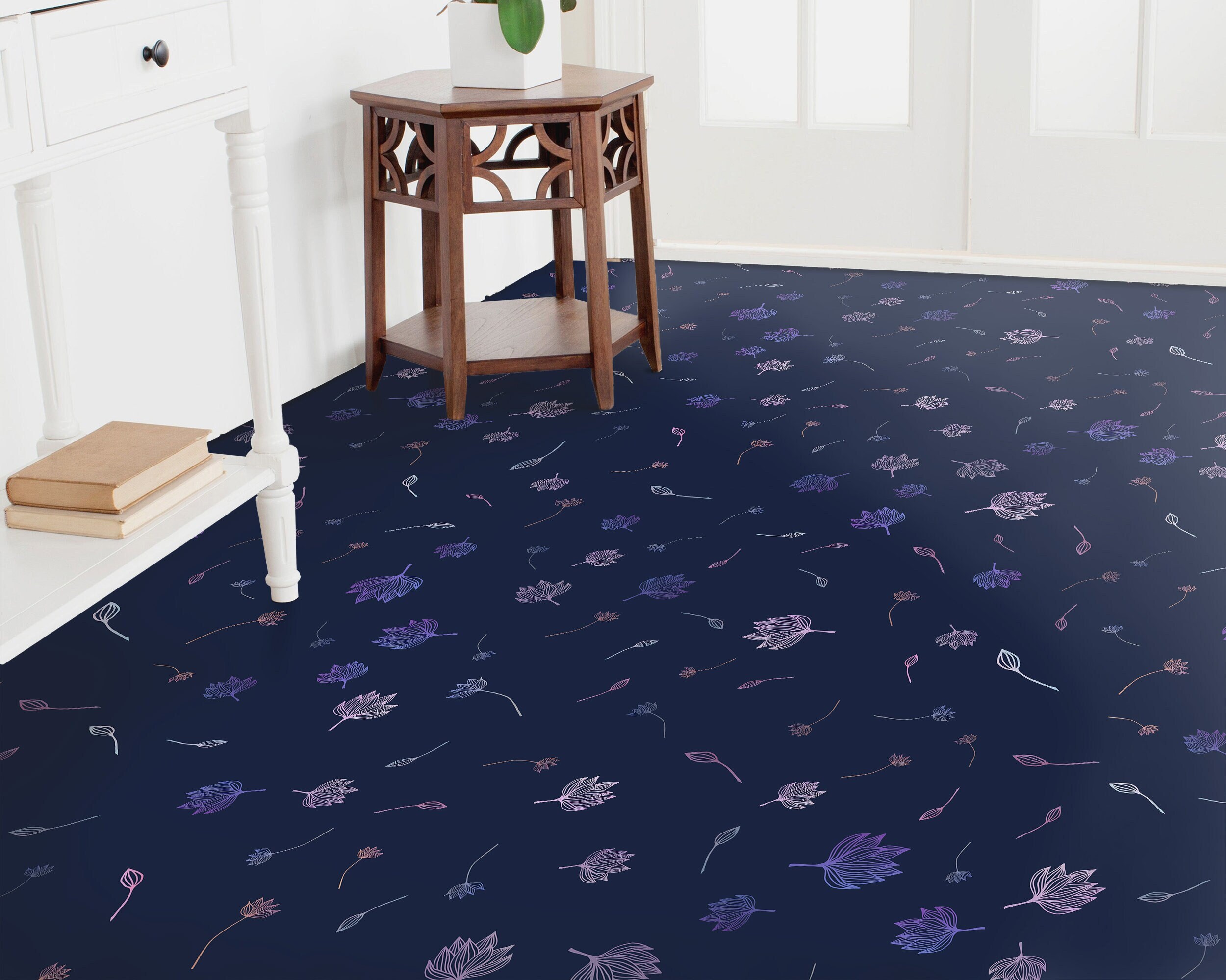 Thick Vinyl Rug, Outline Teeny Flowers Floor Protector, Purple Flooring ...