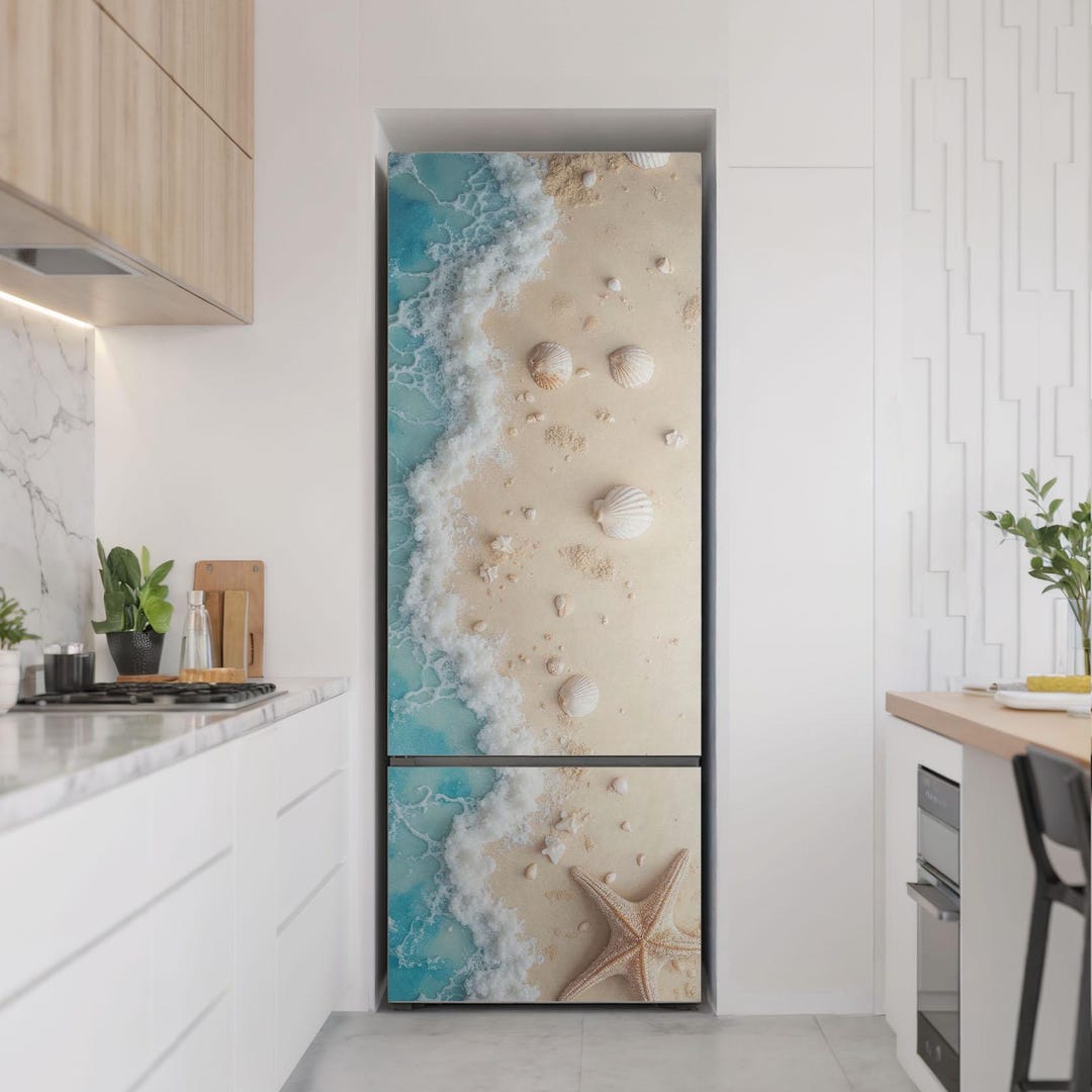 Beach With Shells and Waves Fridge Sticker, Blue Fridge Door Cover ...