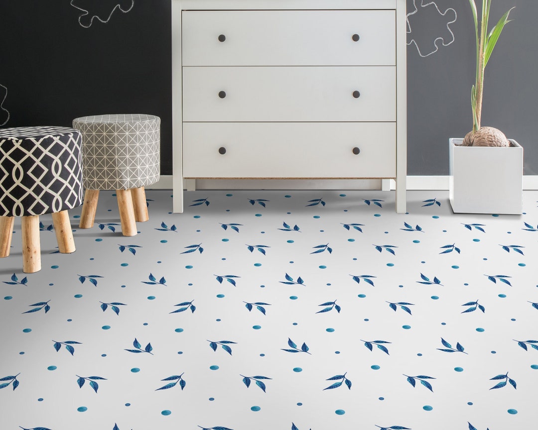 Bright Miniamalist Leafy Floor Protector, White Flooring Linoleum, Blue ...