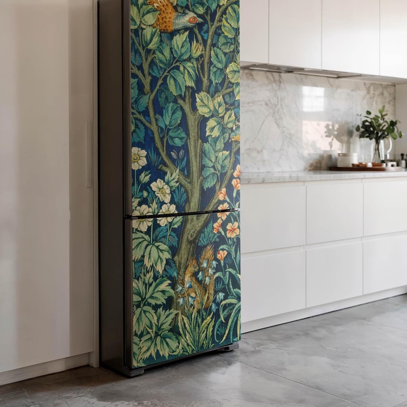 Forest Landscape With Fauna Fridge Wrap Sticker, Green Refrigerator ...