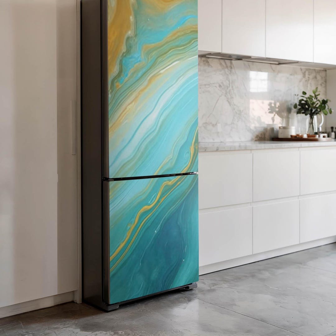 Abstract Color Waves Fridge Door Cover, Turquoise Refrigerator Sticker ...