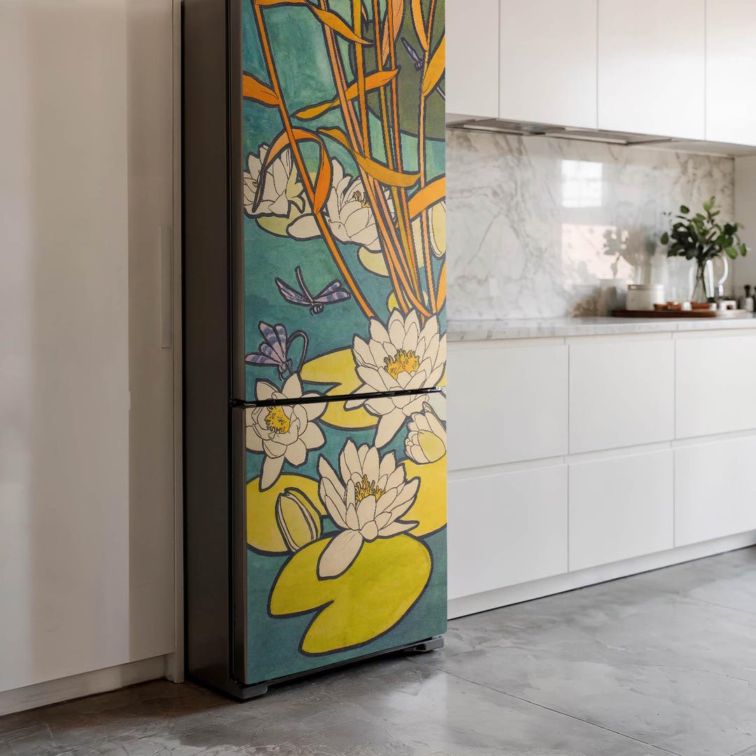 Flowers on the Water With Plants Fridge Door Cover, Yellow Refrigerator ...
