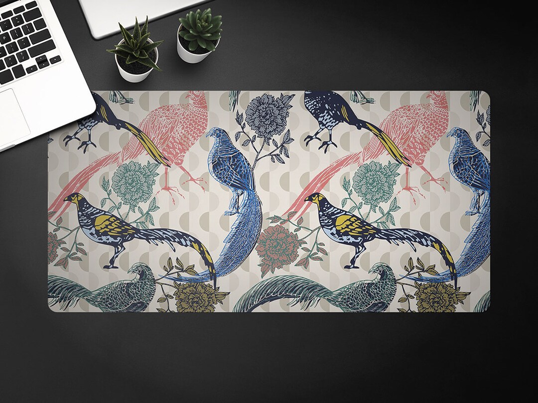 Desk Vinyl Mat, Classic Birds and Flowers Textile Pattern Desk Mat ...
