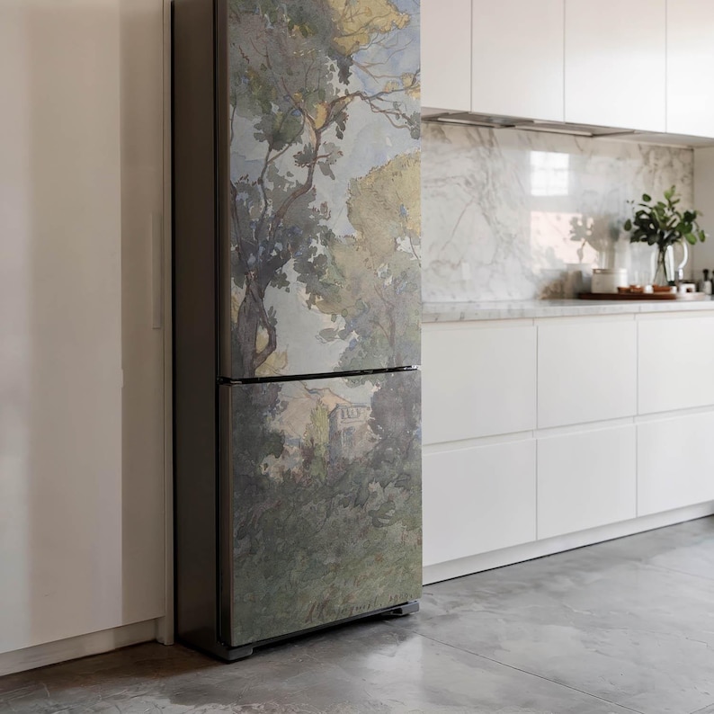 Painterly Landscape With Trees Fridge Sticker, Green Fridge Door Cover ...