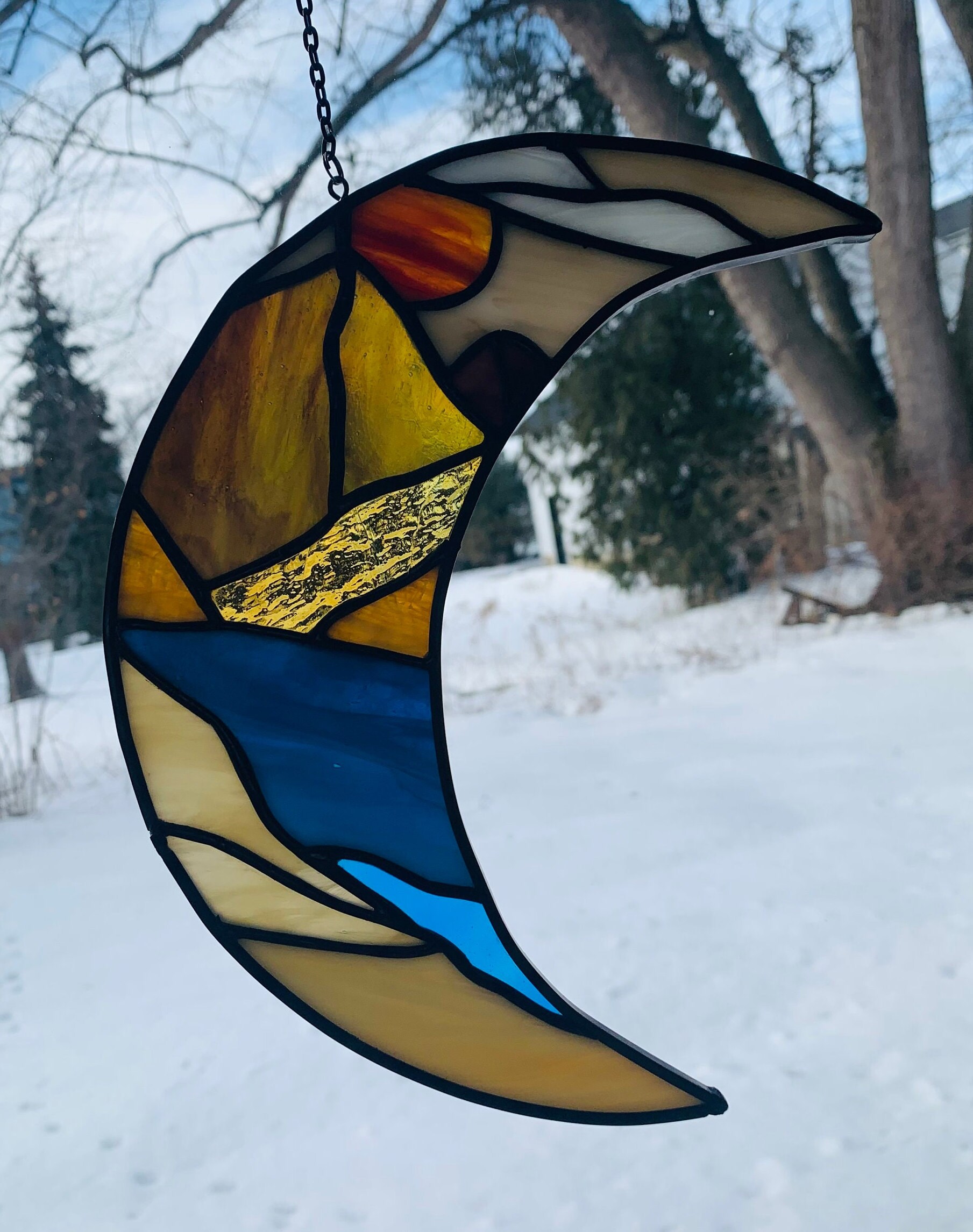 Moon Mountain Stained Glass Panel - Etsy