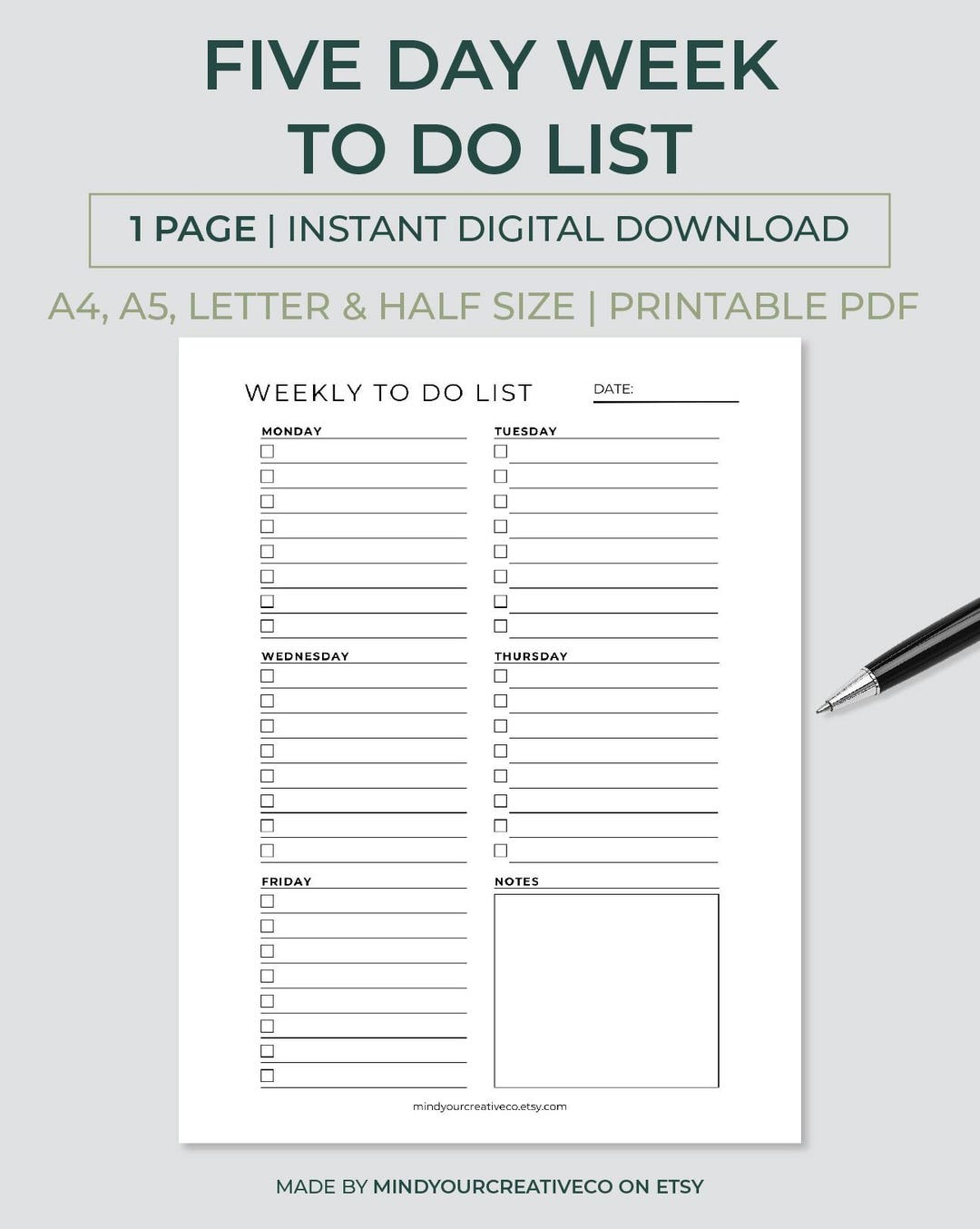 Five Day Week to Do List Printable, Minimal Weekly Planner Template ...