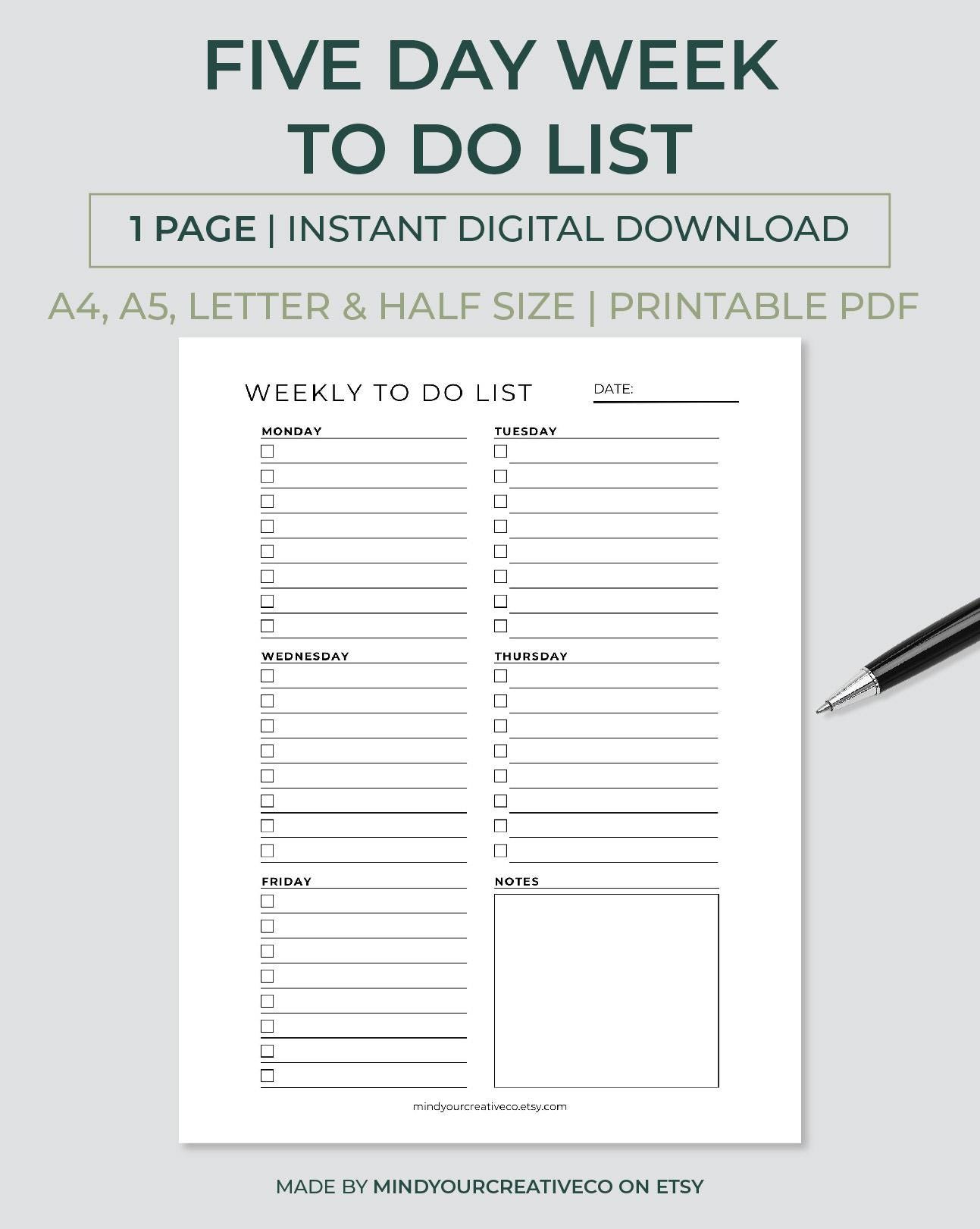 Five Day Week to Do List Printable, Minimal Weekly Planner Template ...