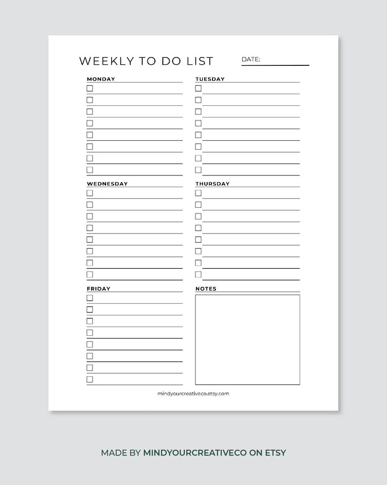 Five Day Week to Do List Printable, Minimal Weekly Planner Template ...