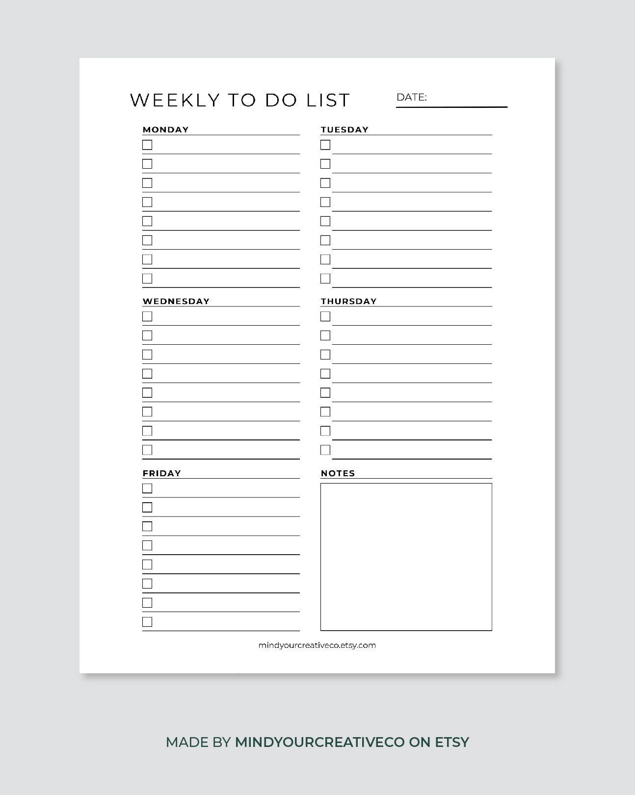 Five Day Week to Do List Printable, Minimal Weekly Planner Template ...