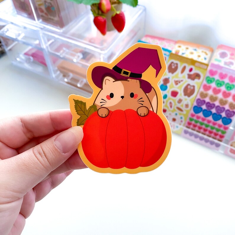 Chubby Cat Witch Sticker: Kawaii Halloween Pumpkin, Waterproof Vinyl - Etsy