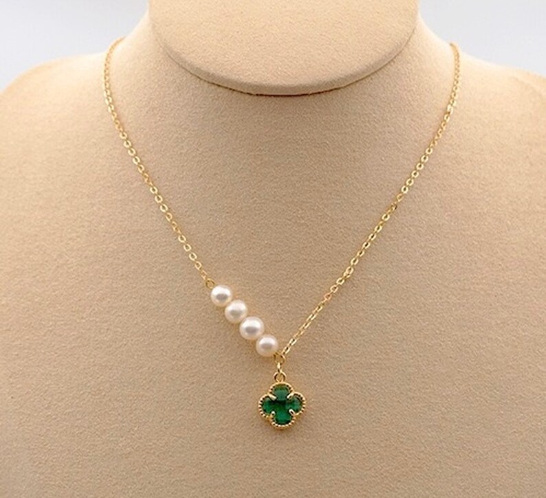 Emerald Pearl Gold Necklace Lucky Clover Jewelry Green - Etsy
