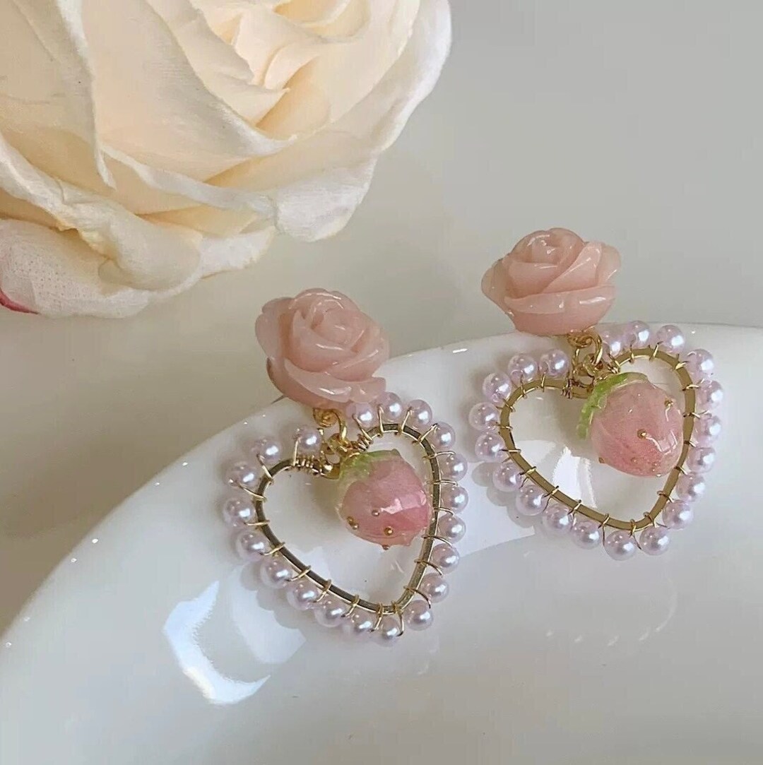 Rose Hoop Earrings Romantic Heart Earrings Pink Flower - Etsy