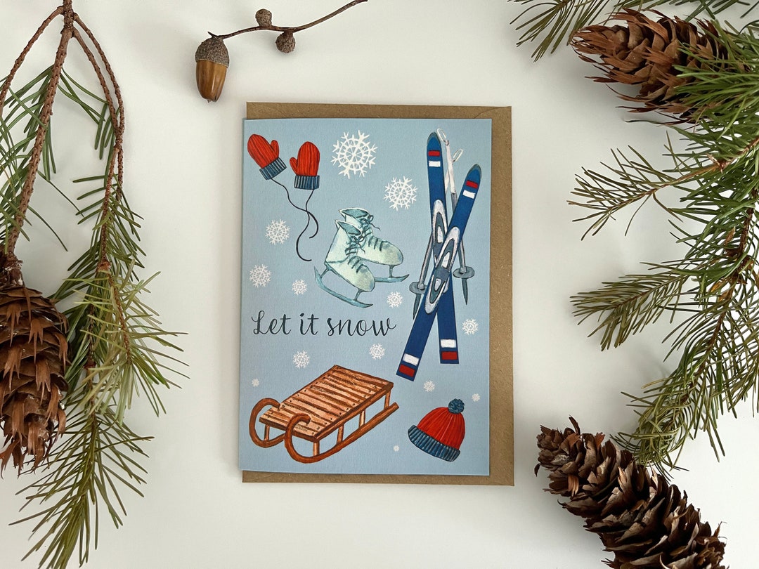 Let It Snow Christmas Card, Hand Painted Winter Activities Christmas ...
