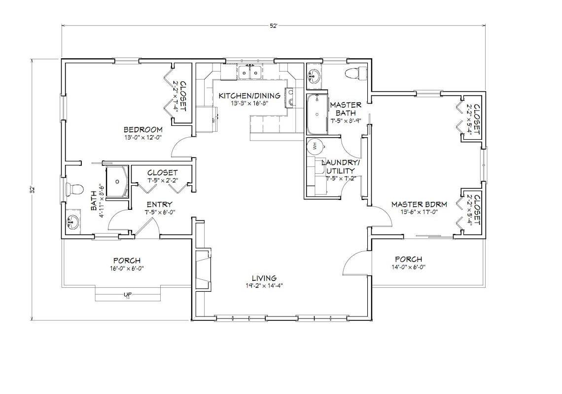 The Barren Floor Plan, 2 Bed 2 Bath, Single Story Ranch House. 1,300sq ...