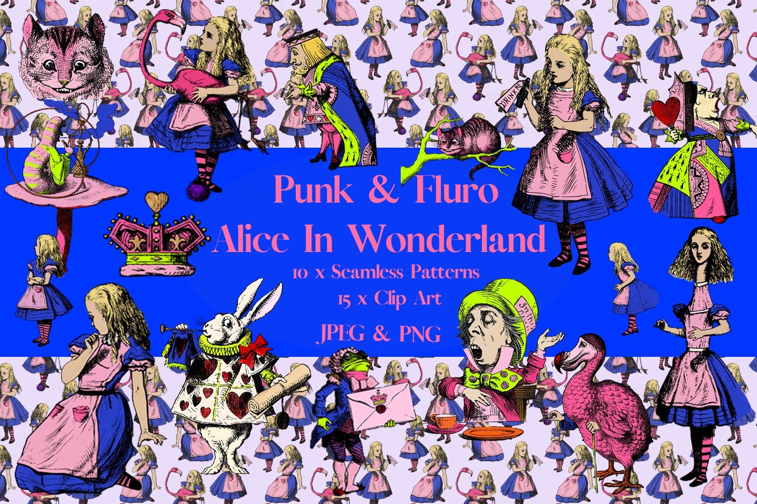 Alice in Wonderland Clip Art Sets Seamless Patterns Alice Vintage ...
