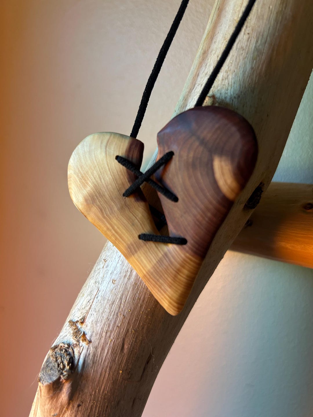 Hand-carved Cedar Heart Pendant – Stitched Broken Heart Necklace - Etsy