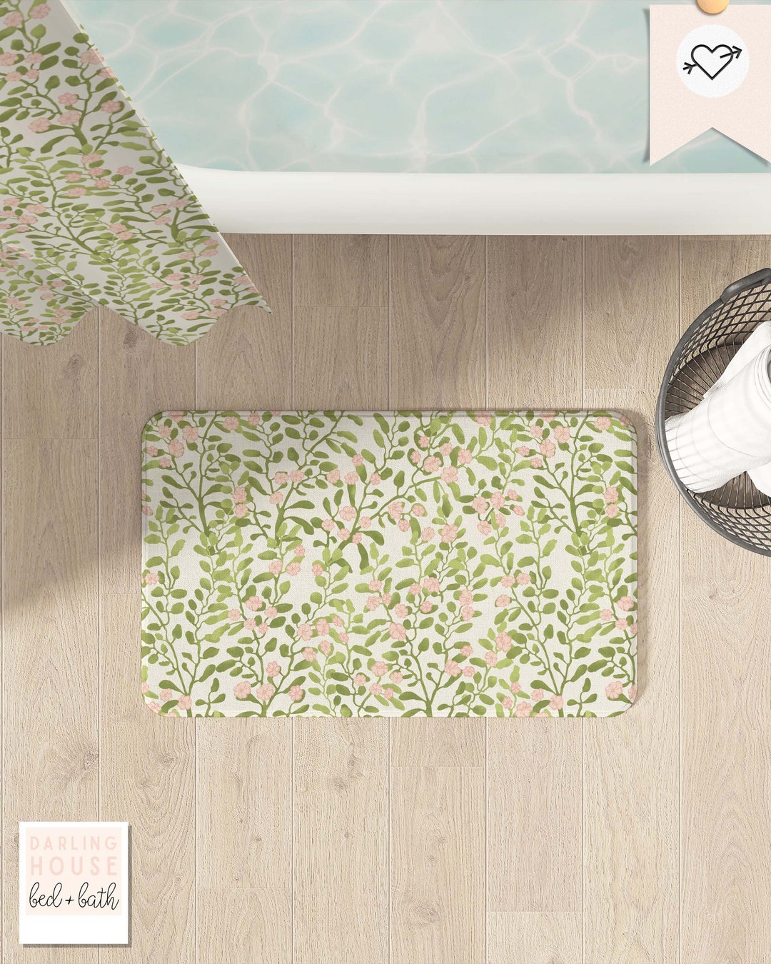 Sage Green Botanical Bath Mat + Matching Shower Curtain | Microfiber ...