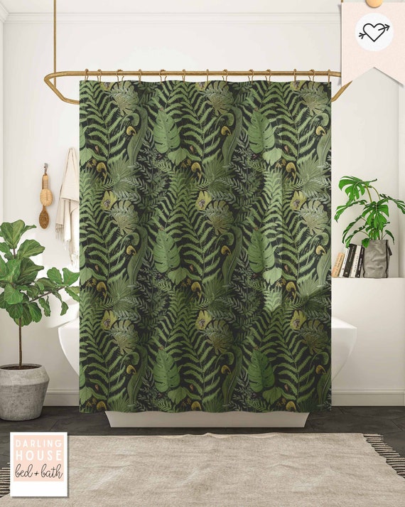 Fern Leaf Shower Curtain Panel Bold Emerald Green Botanical Plants Dark Academia Woodland Forest Trees Maximalist Black Bathroom Decor Etsy UK