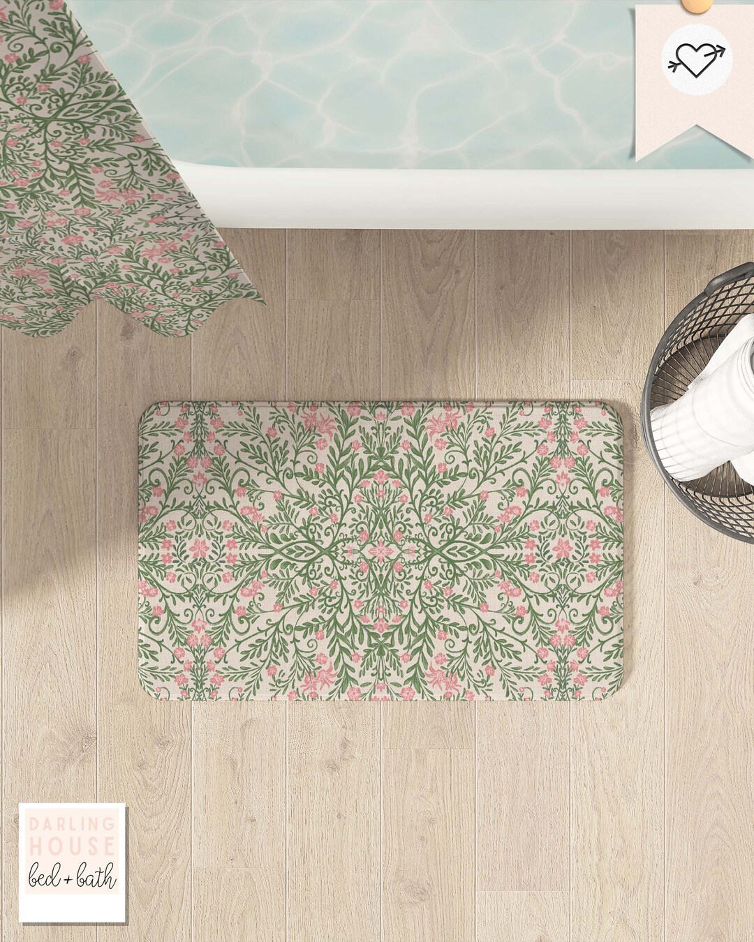 Green Botanical Bath Mat + Matching Shower Curtain | Microfiber Memory ...