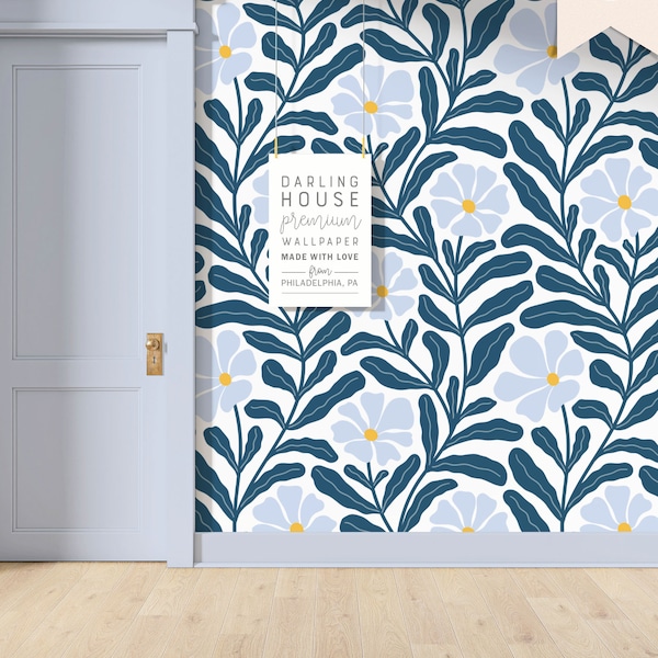 Large Blue Floral Wallpaper - Etsy