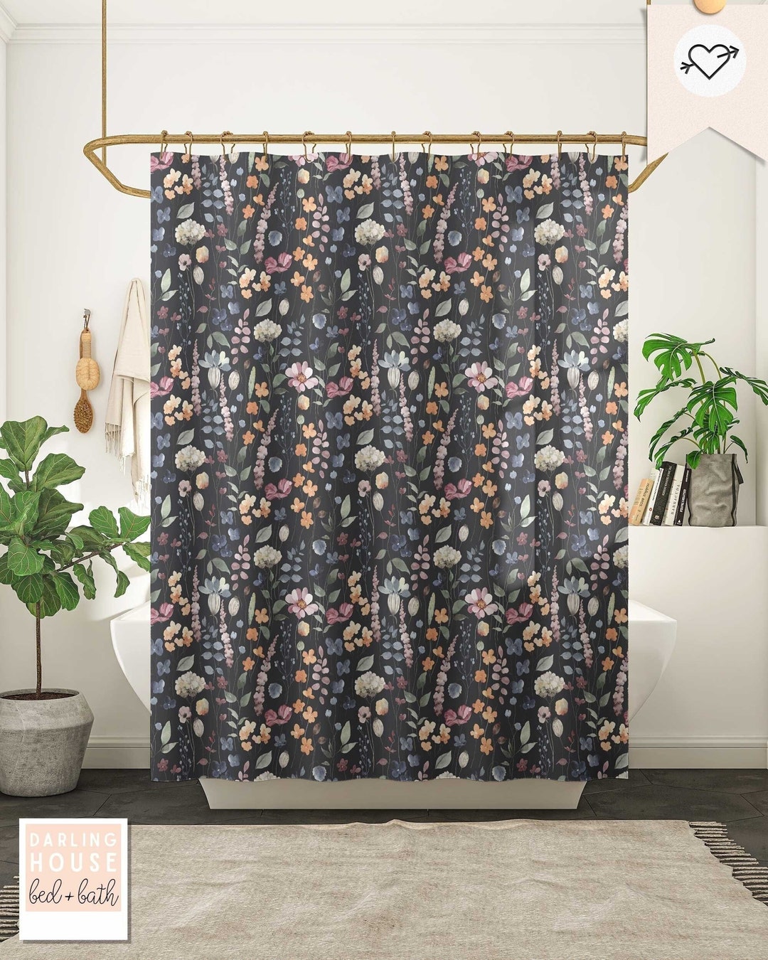 Dark Floral Shower Curtain | Colorful Watercolor Wildflowers | Cozy ...