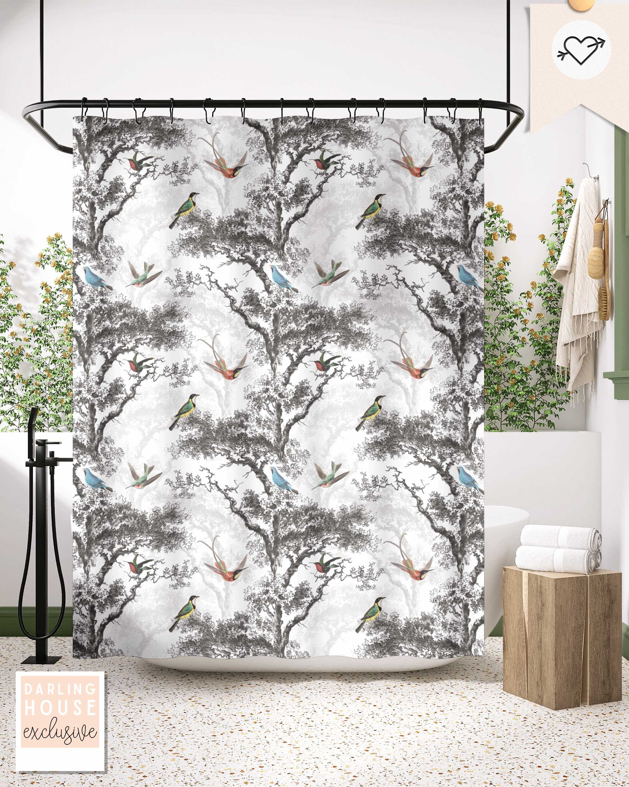 Forest Bird Shower Curtain | Black and White Scenic Landscape Toile ...