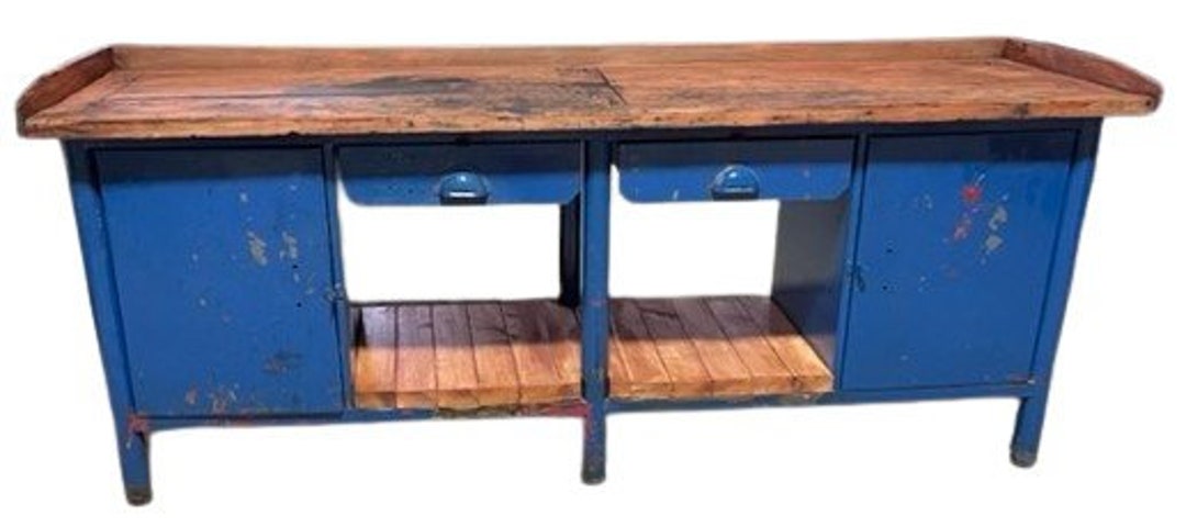 Vintage Industrial Workbench Blue With Original Top - Etsy