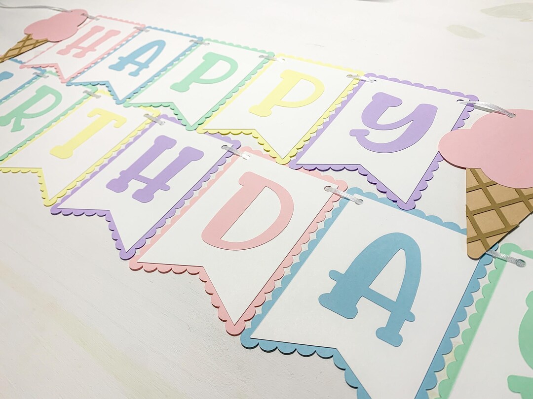 Pastel Ice Cream Cone Happy Birthday Banner Party Decoration - Etsy