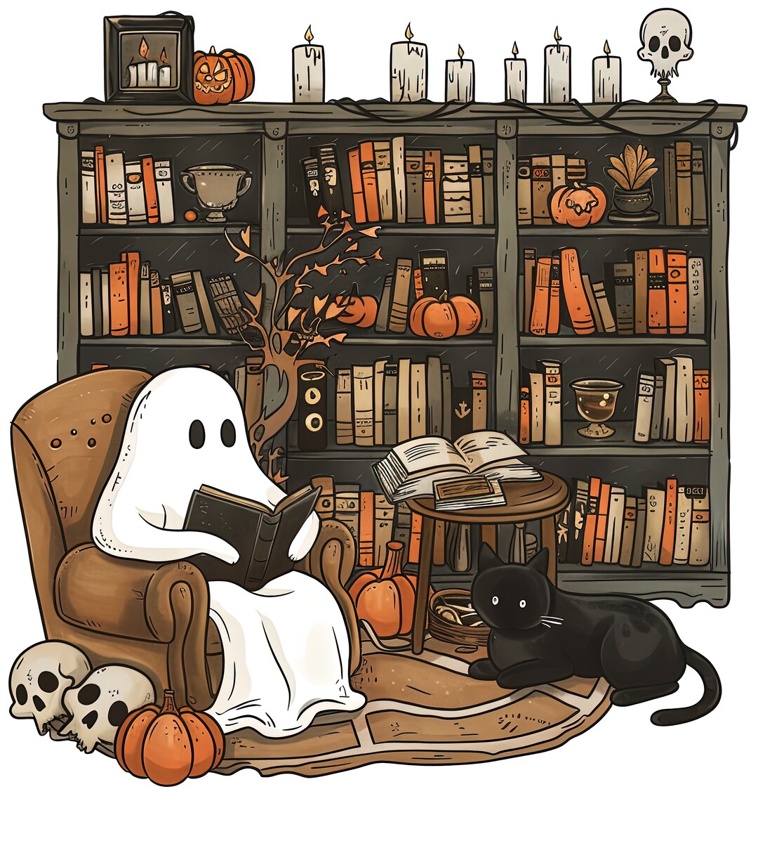 Cute Halloween Ghost Reading in Library Png - Etsy
