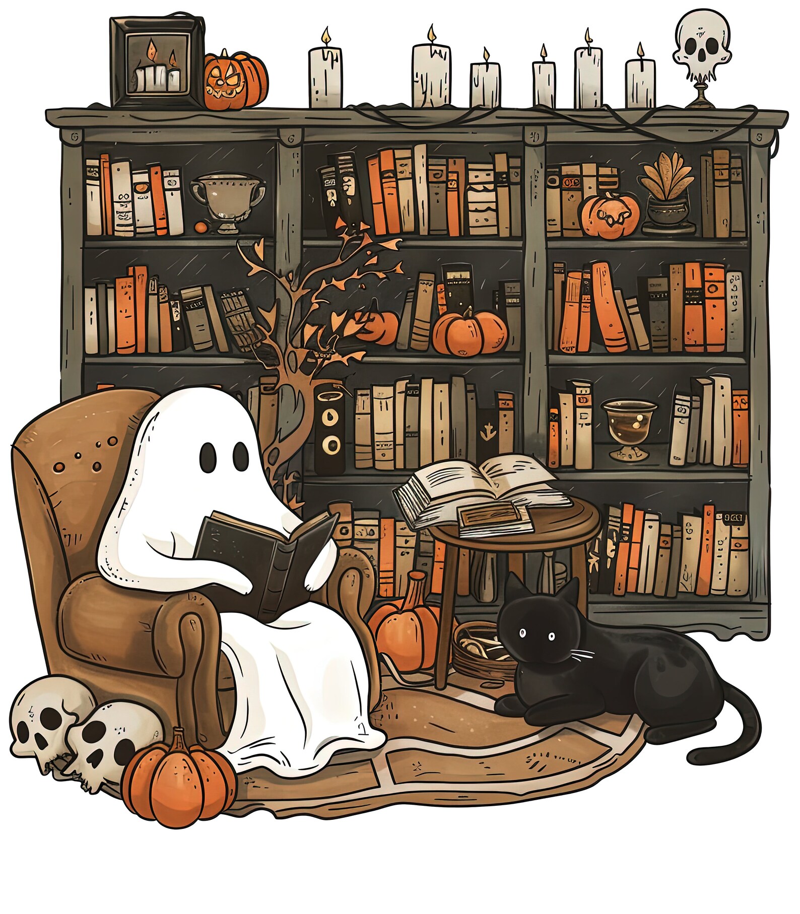 Cute Halloween Ghost Reading in Library Png - Etsy