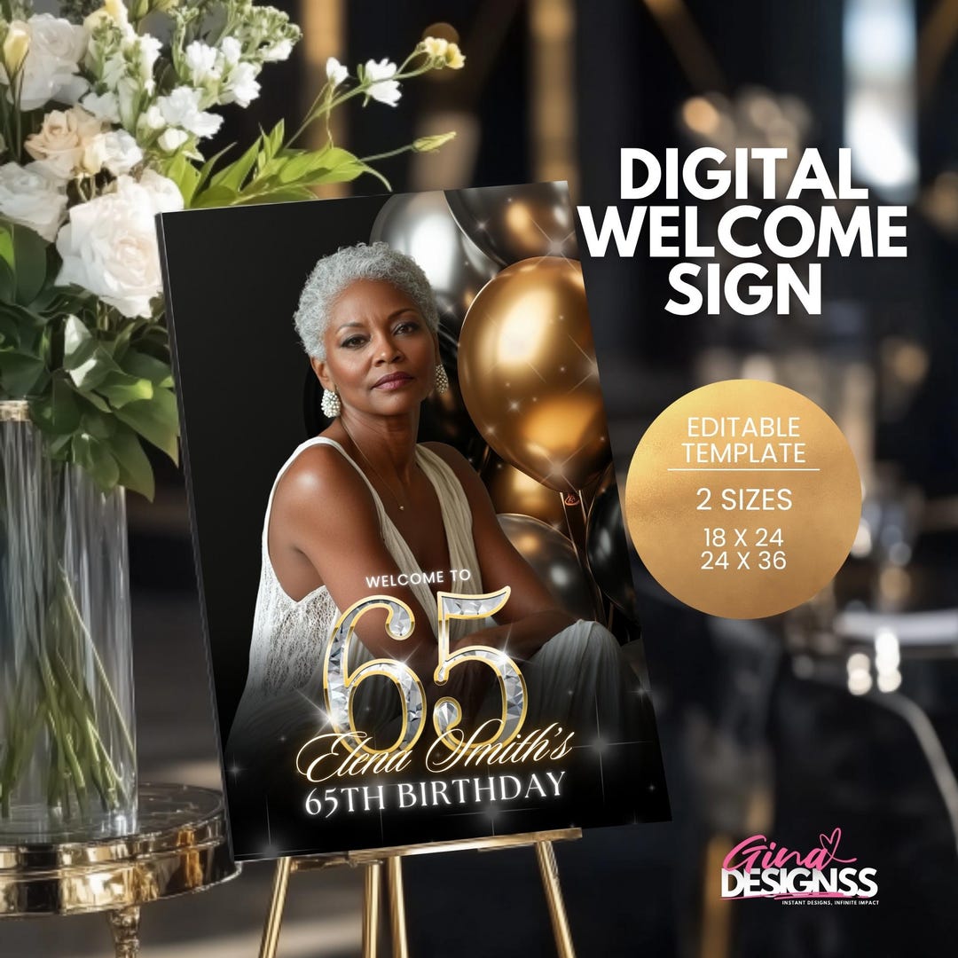 65th Birthday Welcome Sign Black & Gold | Editable Canva Template ...