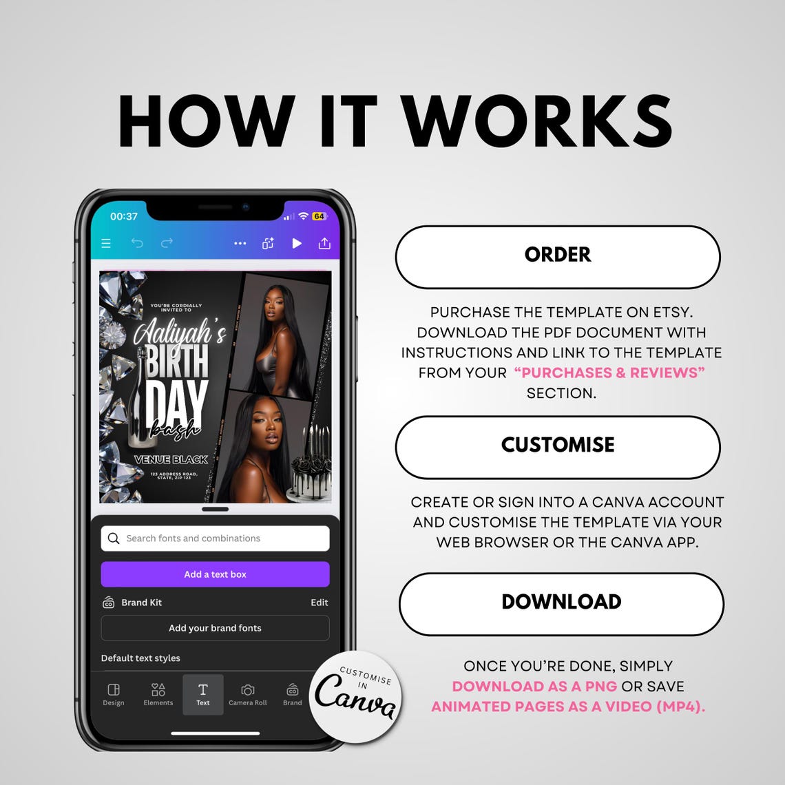 Birthday Flyer Template Digital Birthday Invite Grey Silver Birthday ...