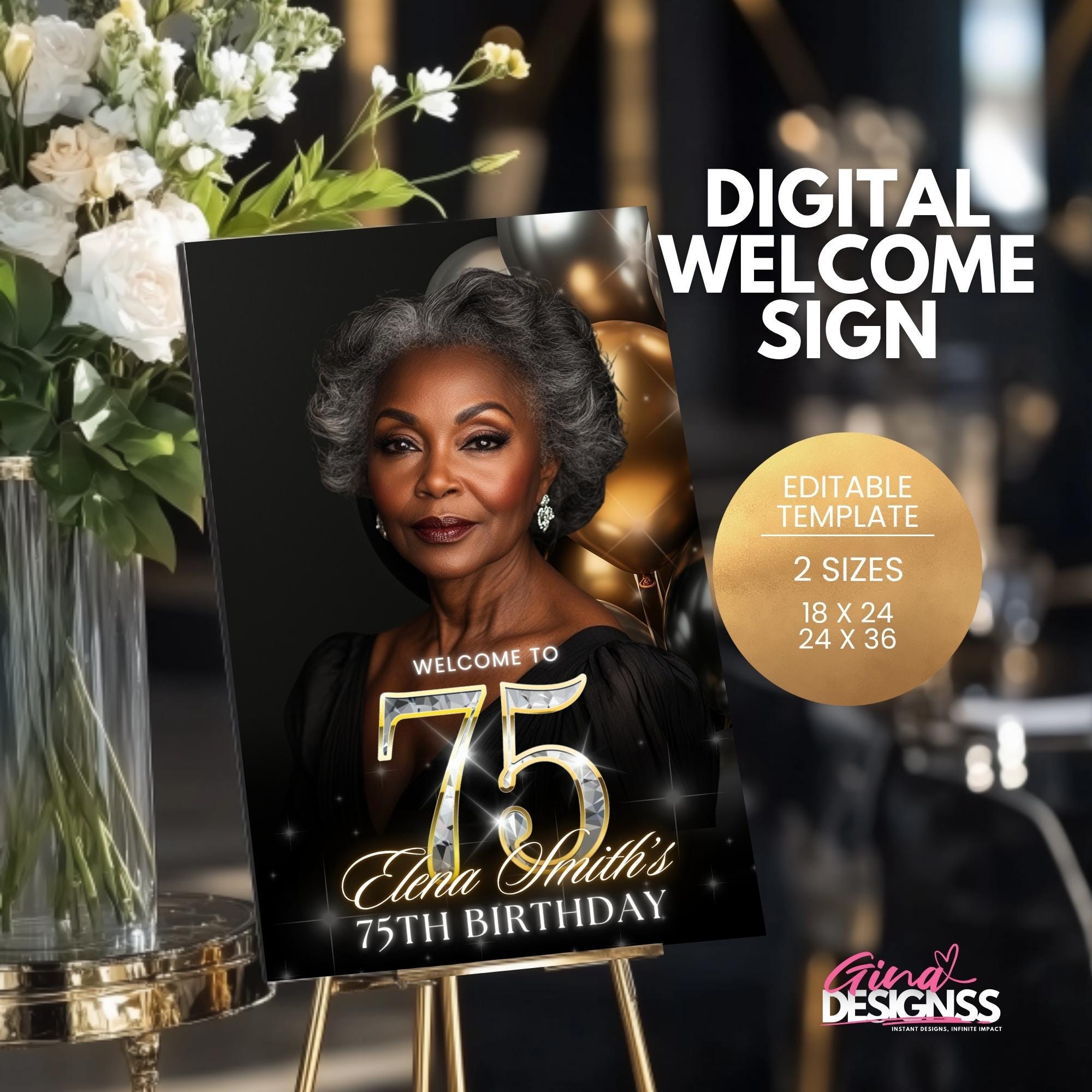 75th Birthday Welcome Sign Black & Gold | Editable Canva Template ...