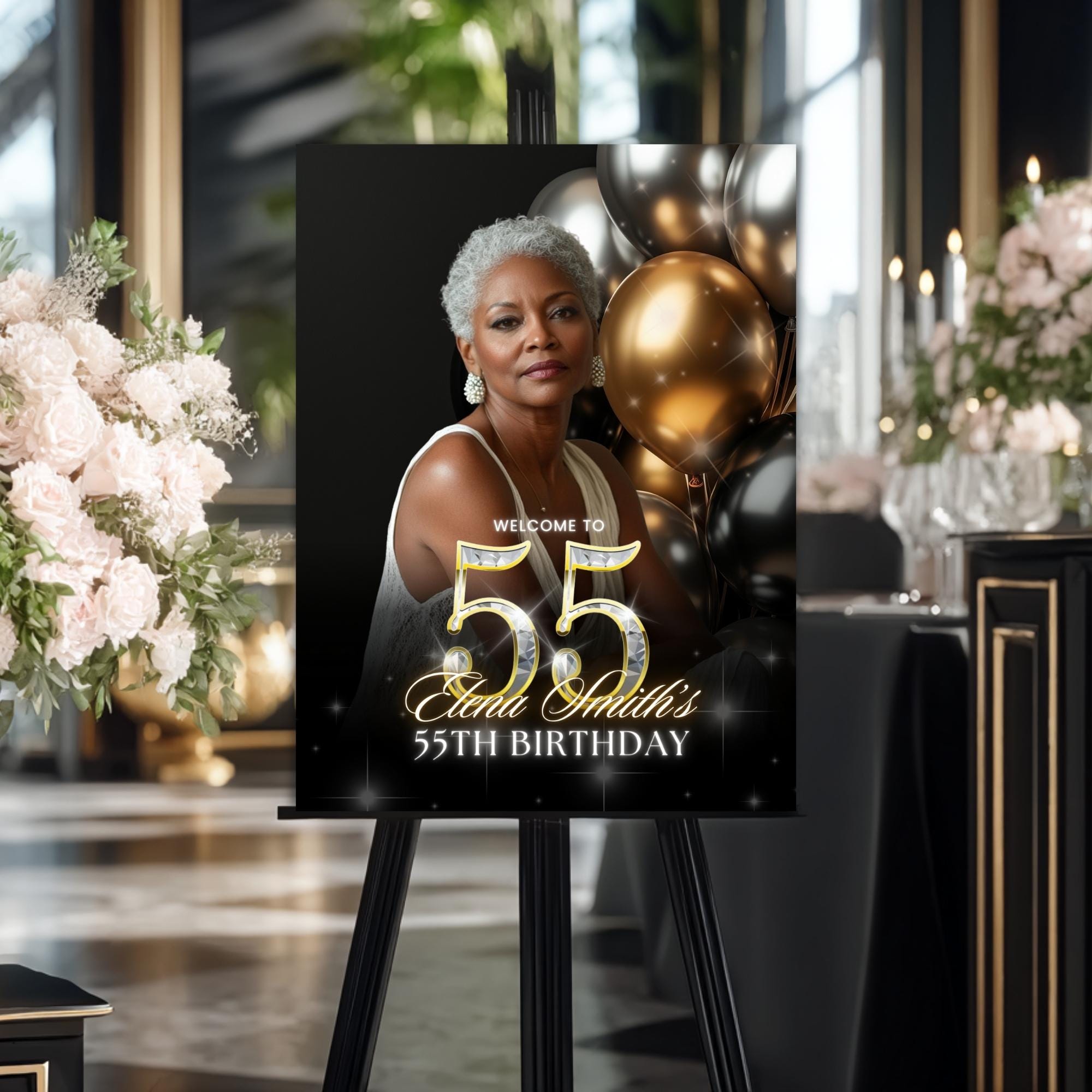 55th Birthday Welcome Sign Black & Gold | Editable Canva Template ...