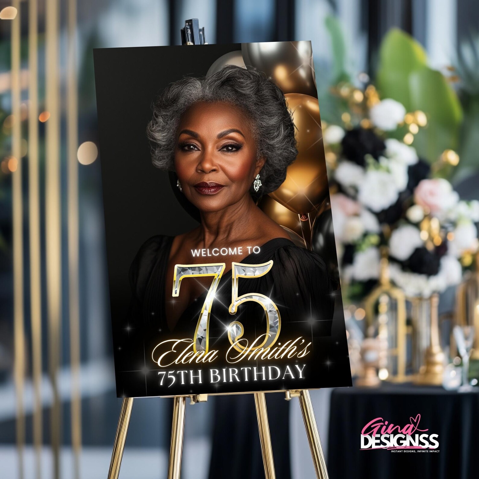 75th Birthday Welcome Sign Black & Gold | Editable Canva Template ...