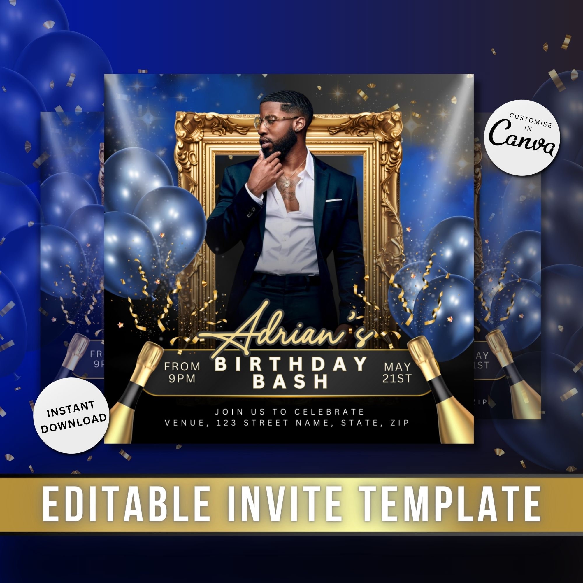 Men's Birthday Flyer Template | Elegant Blue & Gold (canva Editable) - Etsy