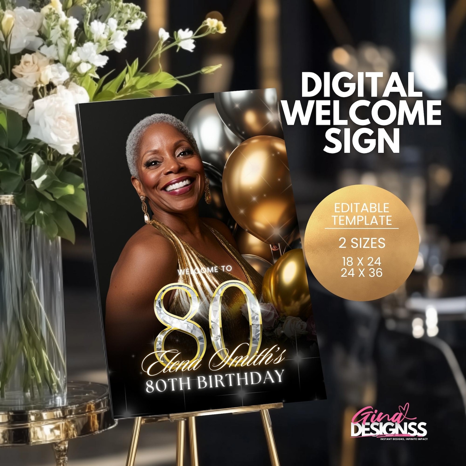 80th Birthday Welcome Sign Black & Gold | Editable Canva Template ...