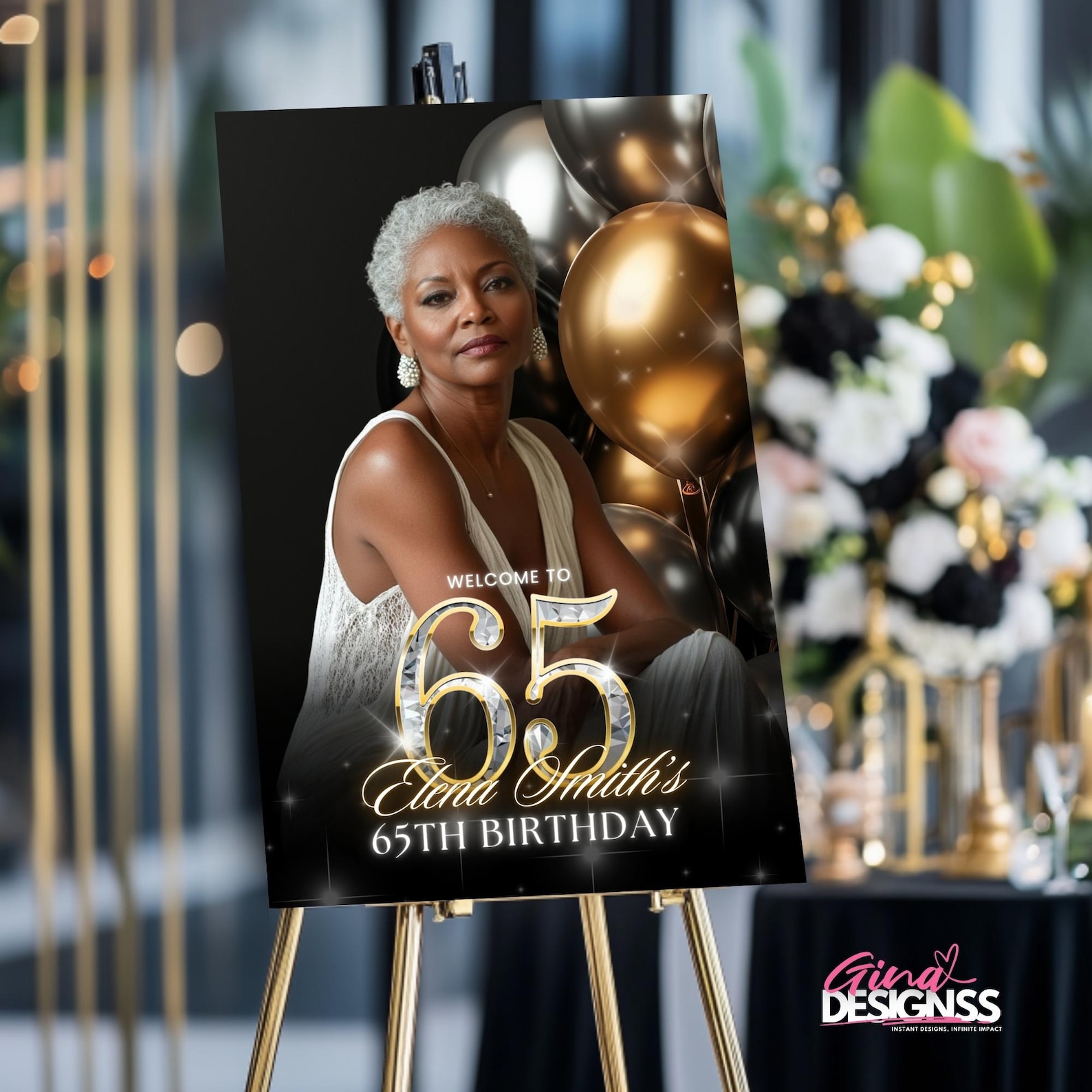 65th Birthday Welcome Sign Black & Gold | Editable Canva Template ...