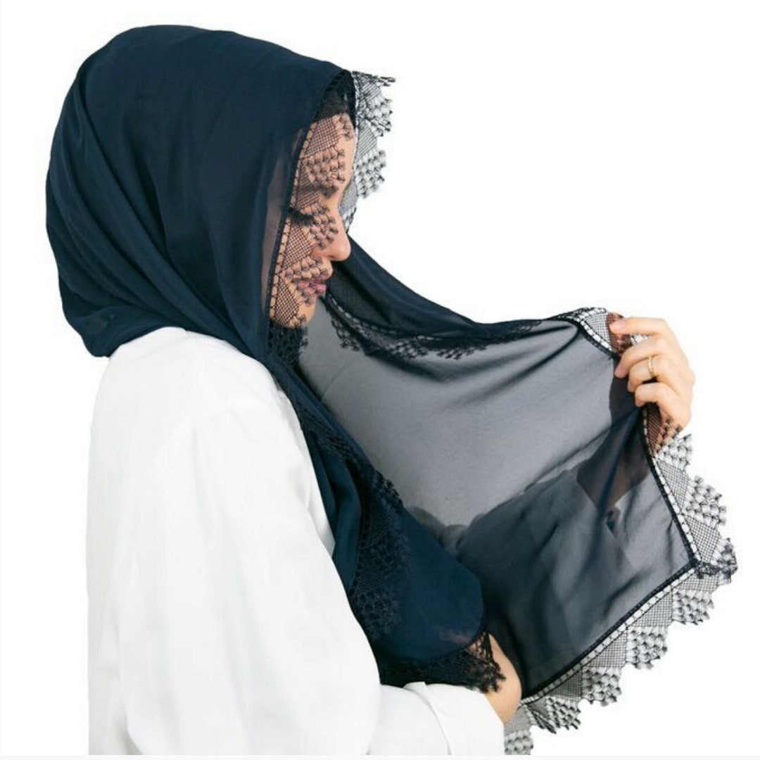 Navy Blue Laced Shawl Islamic Shawl Islamic Hijab - Etsy