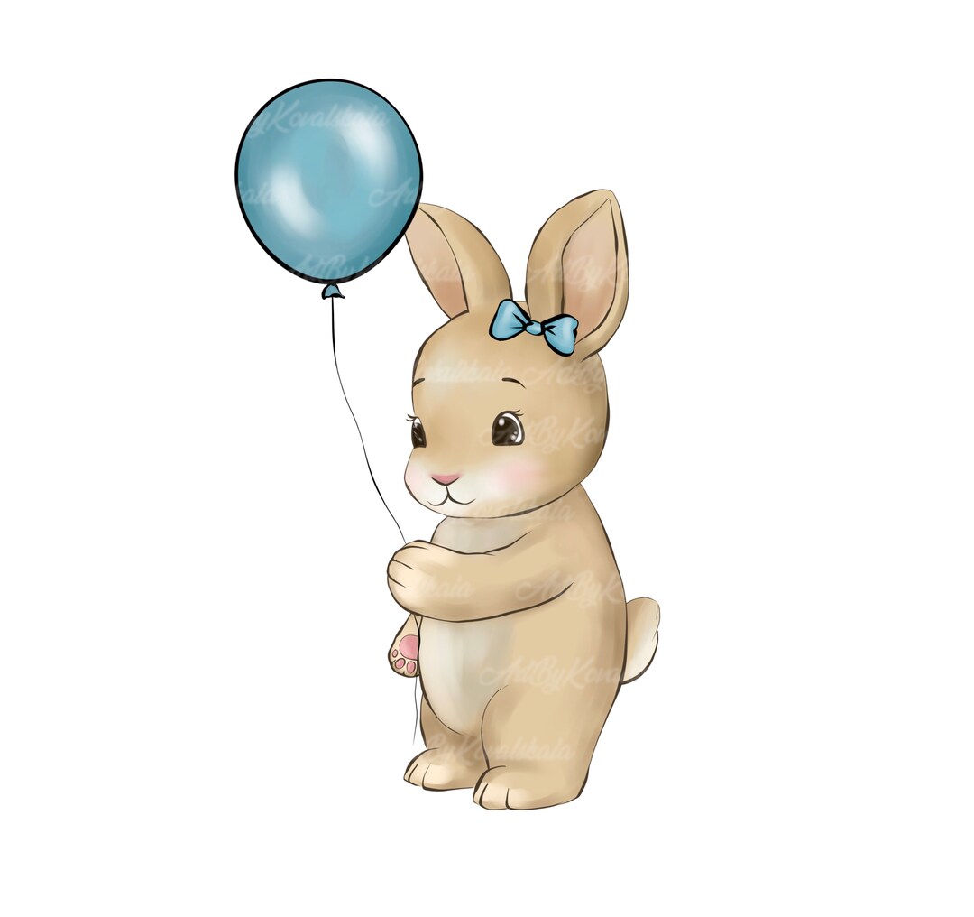 Bunny Clipart, Rabbit PNG, Baby Shower Boy, Blue Balloon, Digital ...