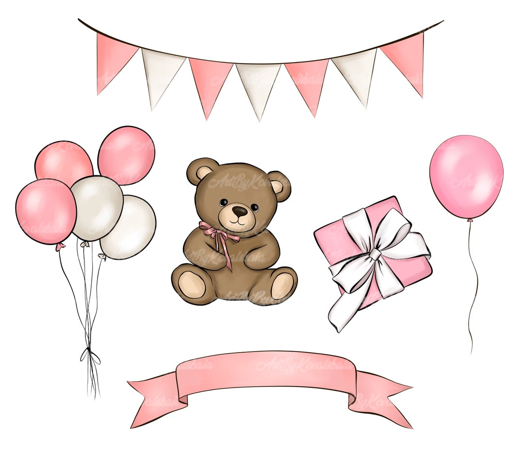 Teddy Bear Clipart, Birthday Clipart, Balloons PNG, Baby Shower Girl ...